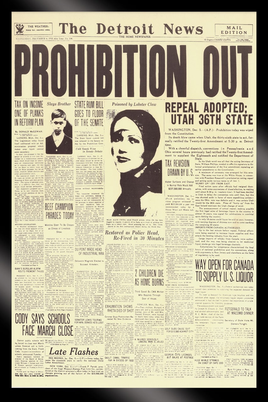 Framed- Front Pages- Prohibition Out – Detroit News Photography